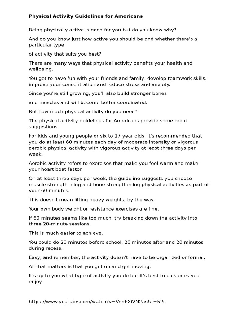 Physical Activity Guidelines for Youth | PDF | Physical Fitness ...
