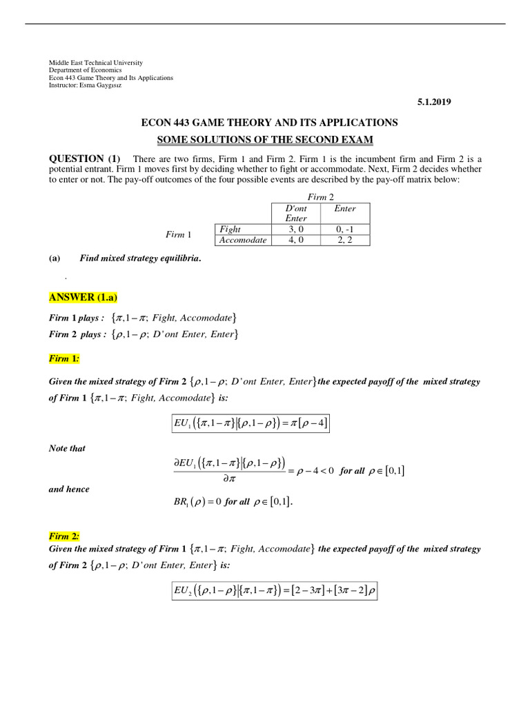 Econ443 Game Theory Some Solutions of The Second Exam PDF | PDF ...