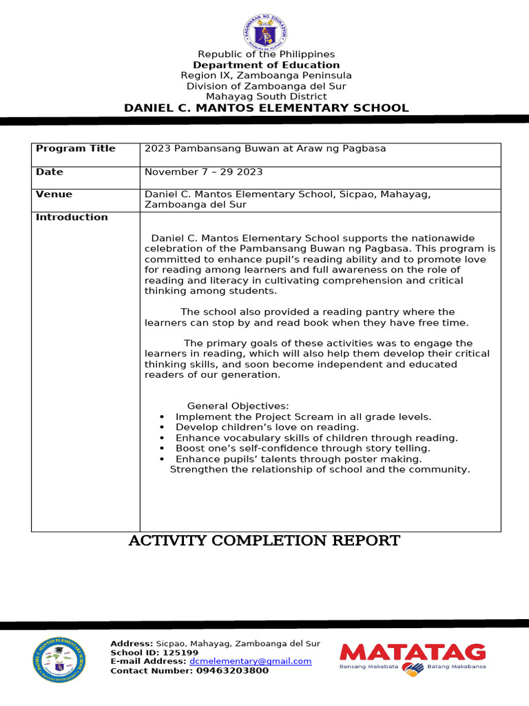 DCM ES PBAP 2023 Accomplishment Report | PDF | Writing | Learning