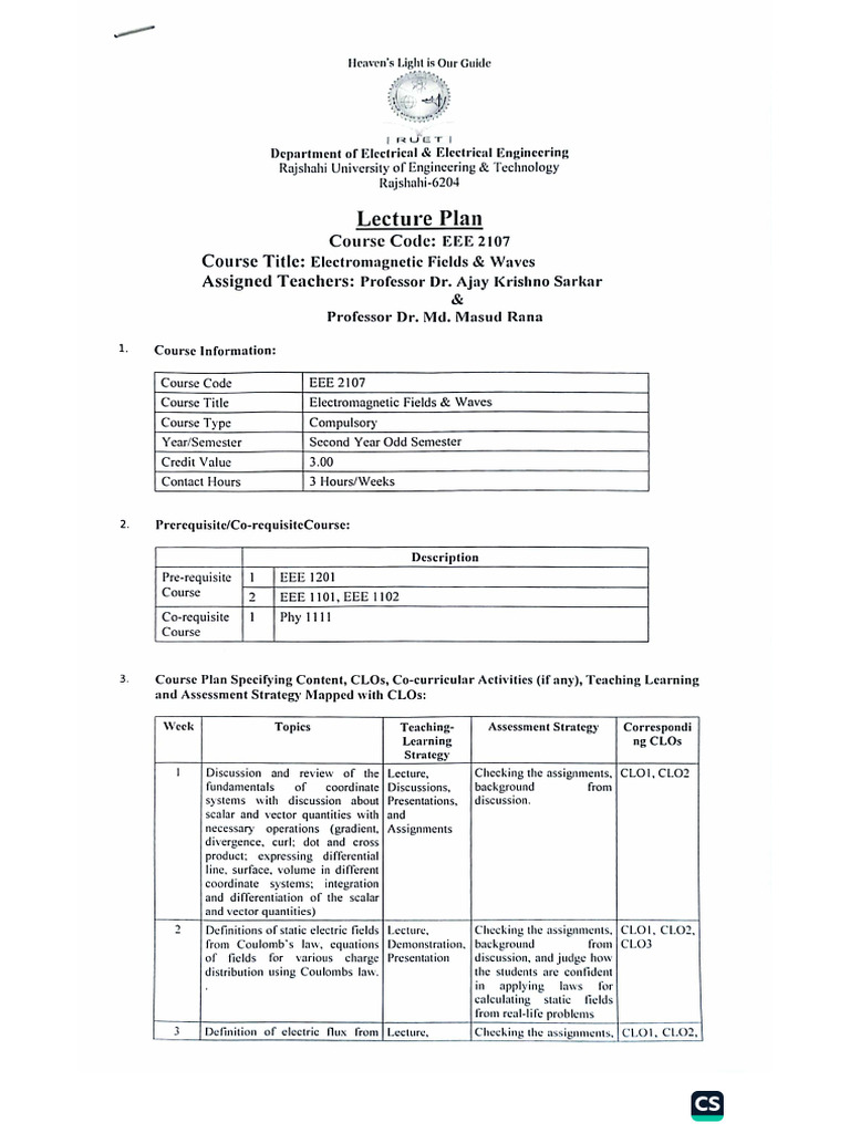 EEE 2107 Lecture Plan | PDF