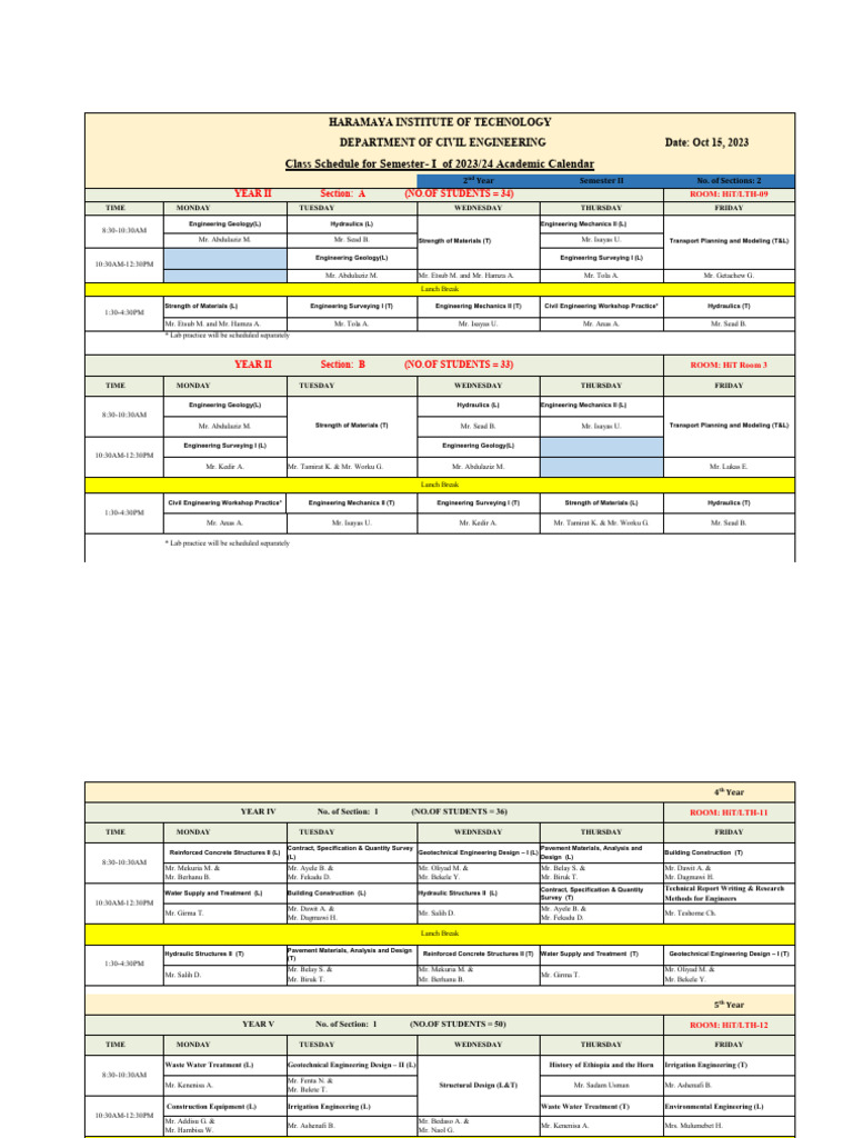 Final 2023 - 24 Civil Eng Class Schedule Sem I | PDF | Academic Term ...
