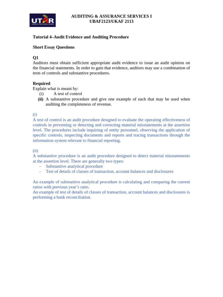Tutorial 4_Audit Evidence and Auditing Procedures | PDF | Audit | Business
