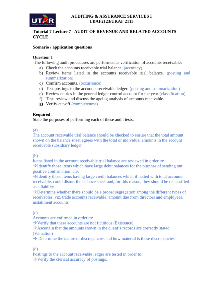 Tutorial - 7 - Audit of Revenue Cycle | PDF | Audit | Debits And Credits