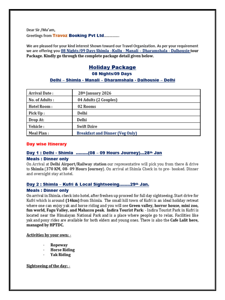 ( Mr. Ronak) Final Discounted Royal Himachal 08 Nights 09 Days Holiday ...