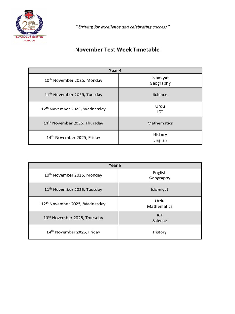 November Test Week Timetable | PDF