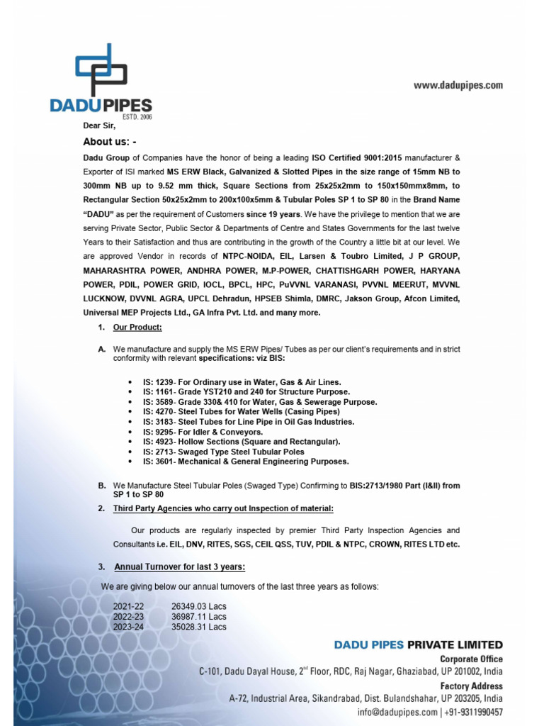 Dadu Group: MS ERW Pipes Manufacturer | PDF | Petroleum | Economy Of India