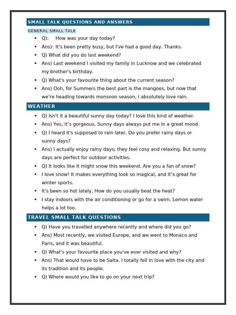 Small Talk Questions and Answers Guide | PDF
