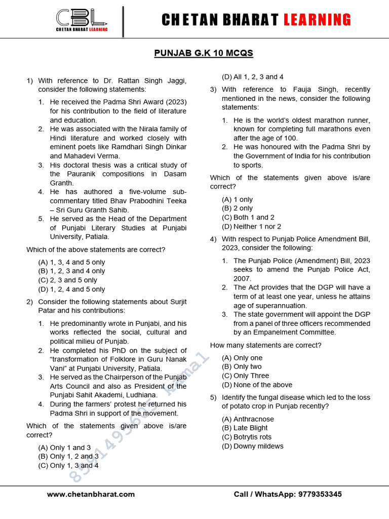 1762360734-CA Punjab G.K 10 MCQs Ques Sheet 1 | PDF | Punjab