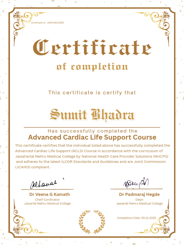 ACLS Course Completion Certificate | PDF