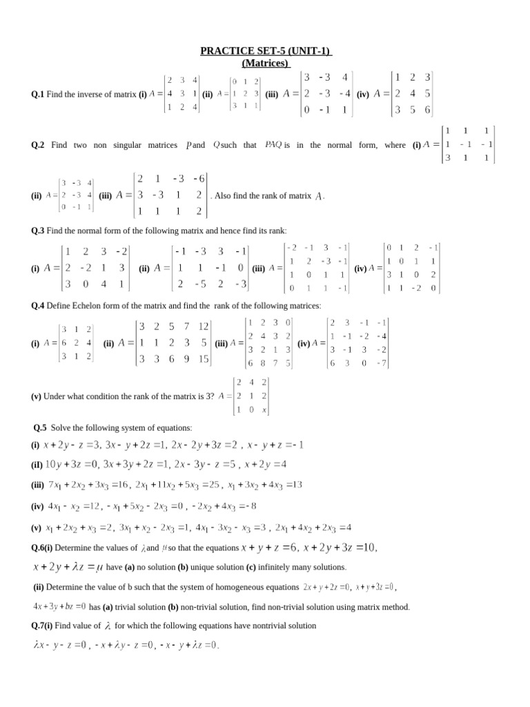 Prctice Set 3 (UNIT 1) BAS103 | PDF | Matrix (Mathematics) | Eigenvalues And Eigenvectors