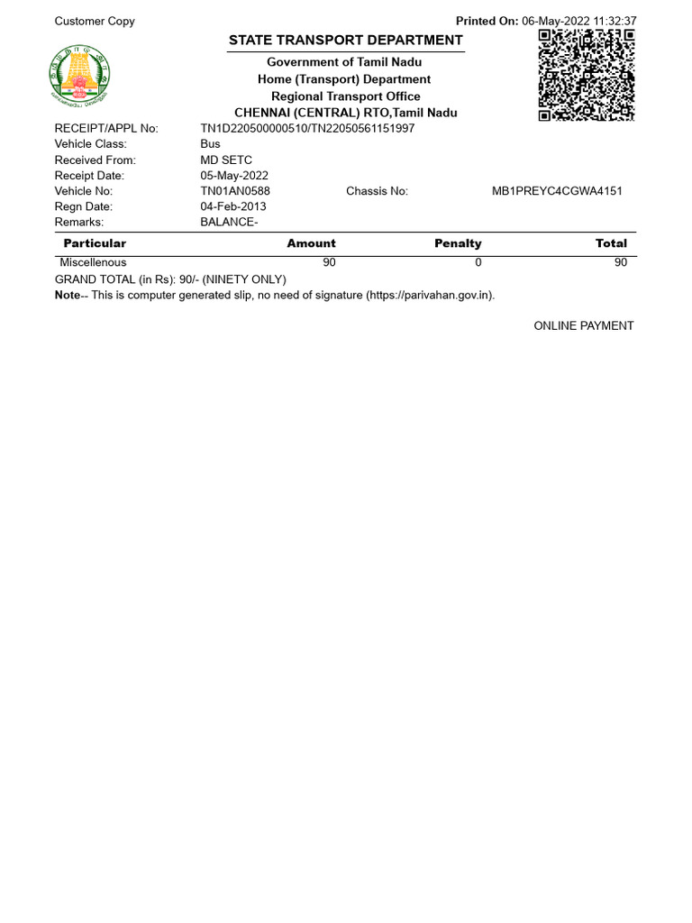 Tamil Nadu Bus Payment Receipt | PDF