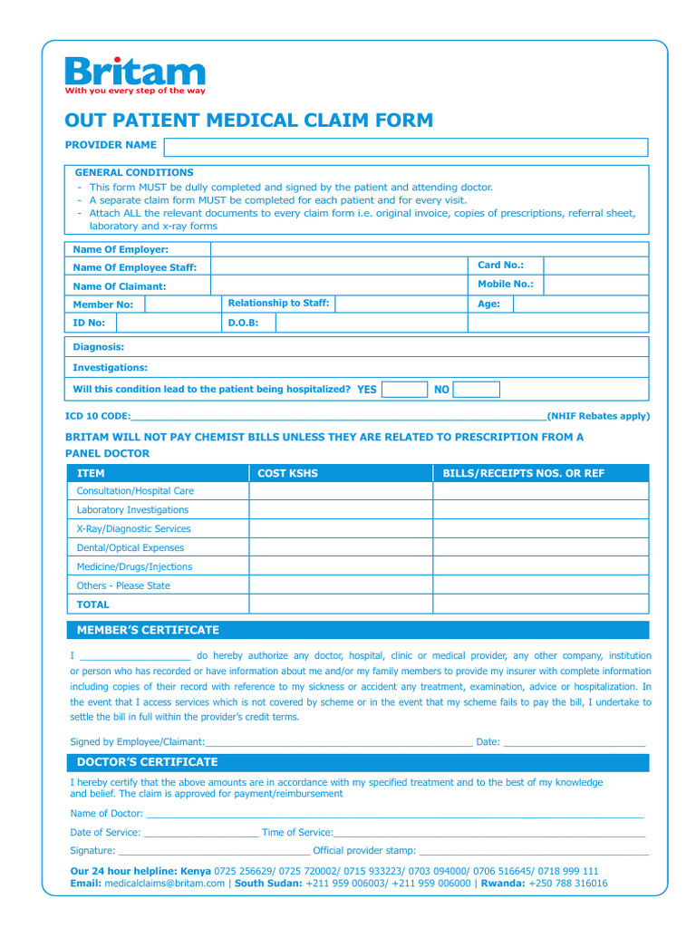 Britam Outpatient Medical Claim Form | PDF | Prescription Drugs | Physician