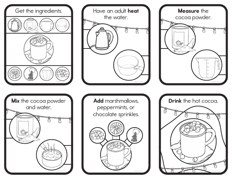 Black and White Making Hot Cocoa Multi Step Sequence Cards With Words | PDF