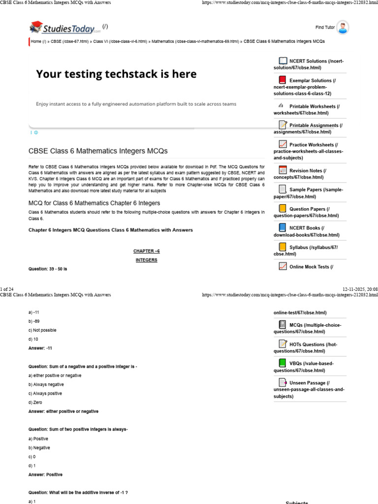 CBSE Class 6 Mathematics Integers MCQs With Answers | PDF | Multiple ...