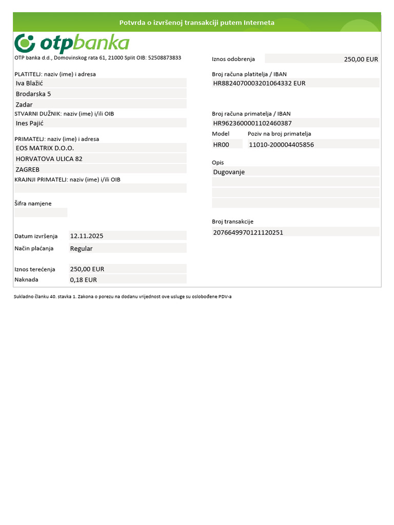 Potvrda o Izvršenoj Transakciji Putem Interneta: OTP Banka D.D ...