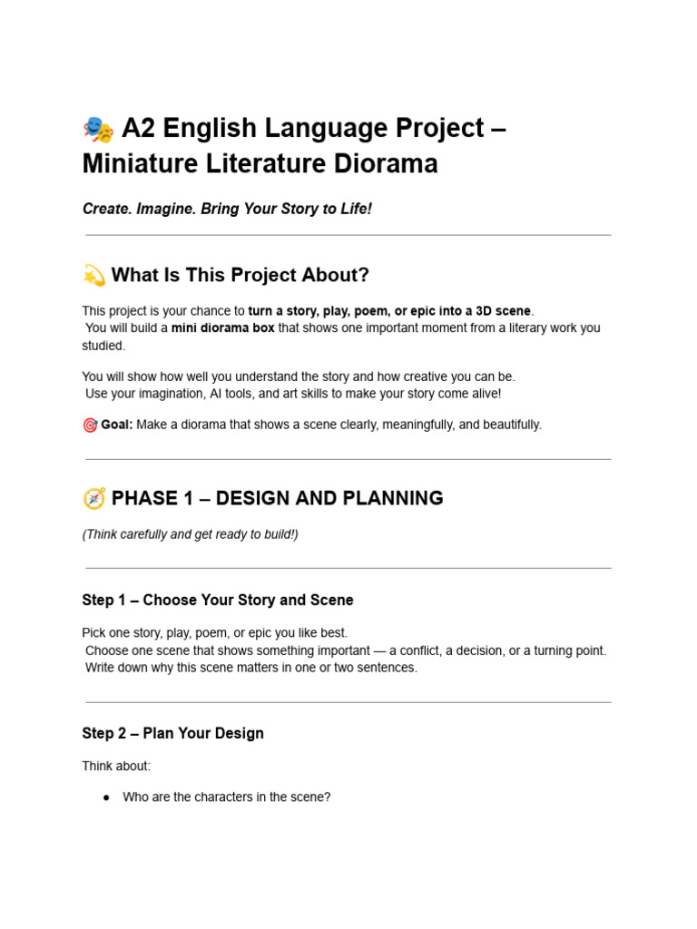 A2 English Project - Miniature Literature Diorama Project | PDF