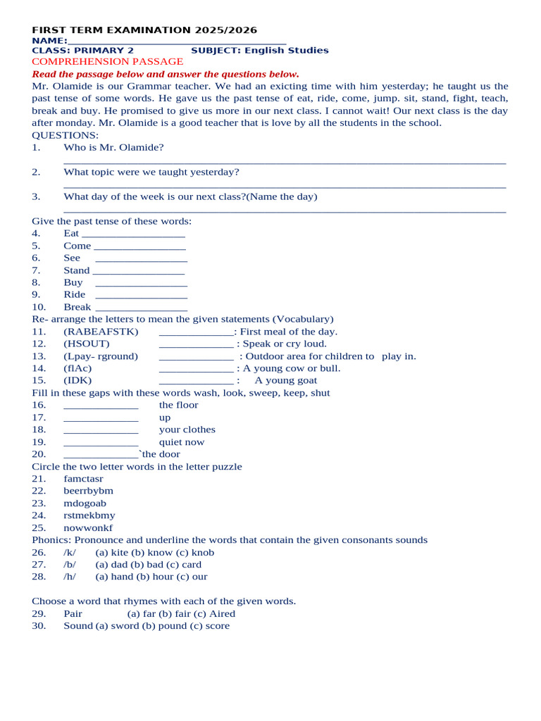 Primary 2 First Term Exam Questions | PDF | Computer Keyboard | Prayer