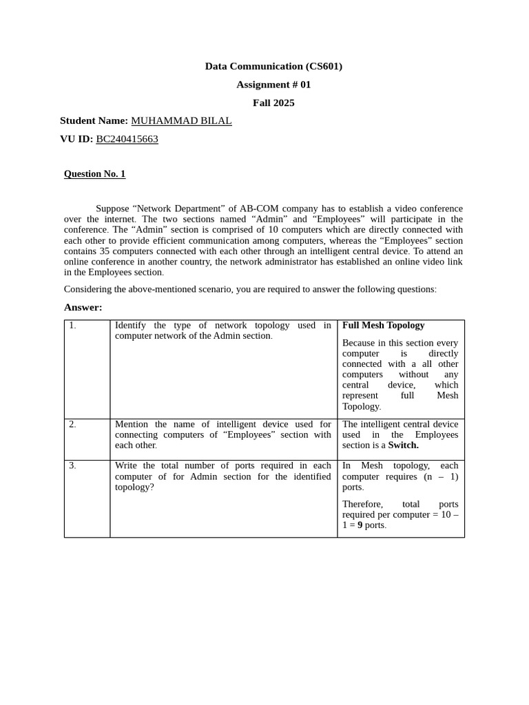 CS601 Assignment 1 Solution | PDF | Computer Network | Network Topology