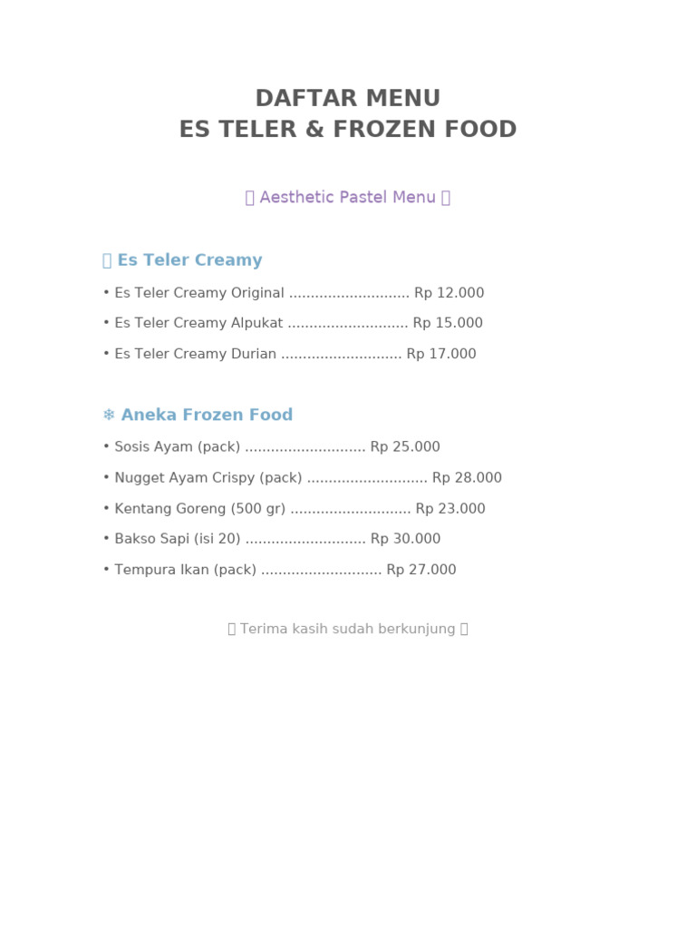 Menu Es Teler dan Frozen Food Terbaik | PDF