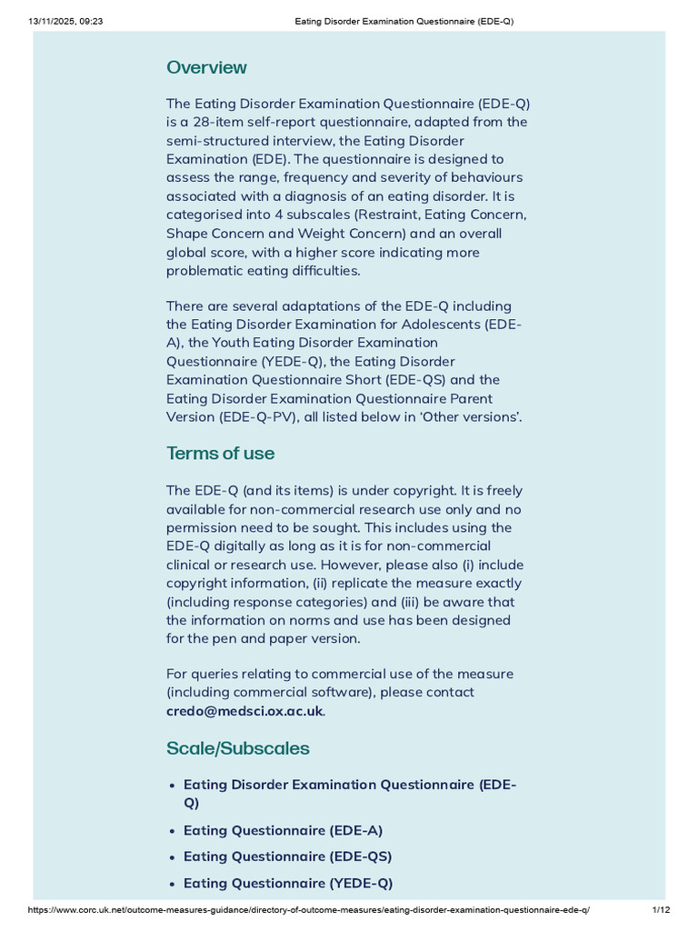Eating Disorder Examination Questionnaire | PDF | Eating Disorder ...