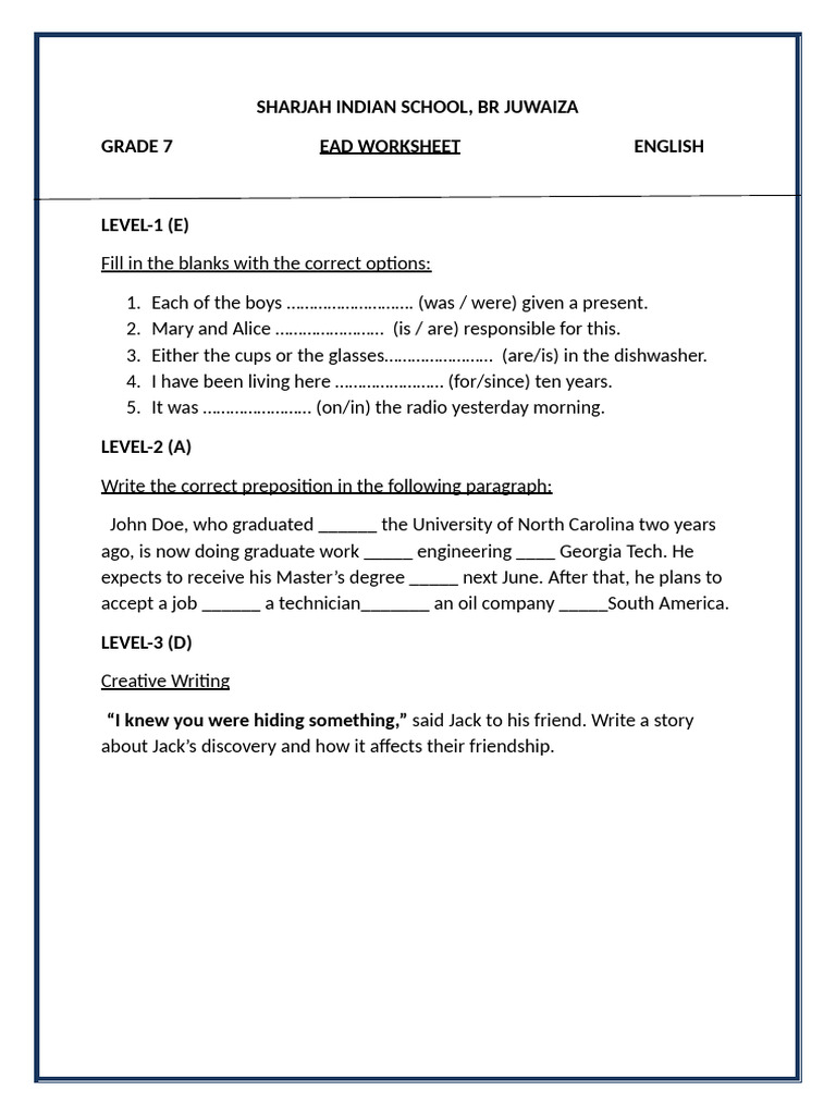 Grade 7 EAD Worksheet | PDF
