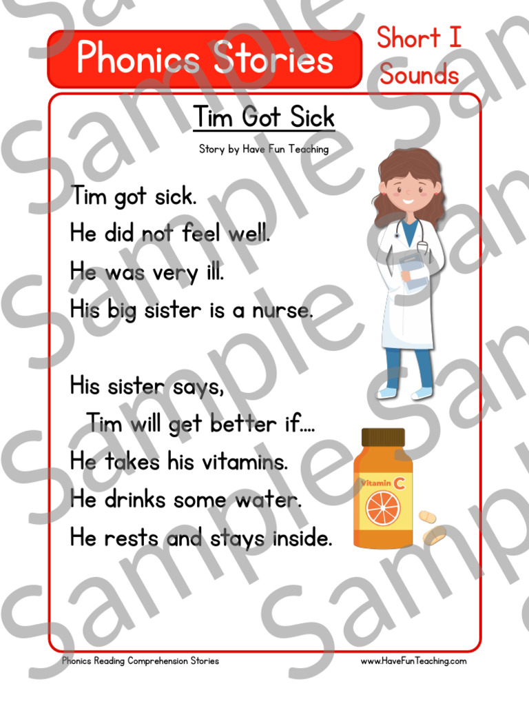 Tim Got Sick Phonics Reading Comprehension Story Worksheet Short Vowel ...