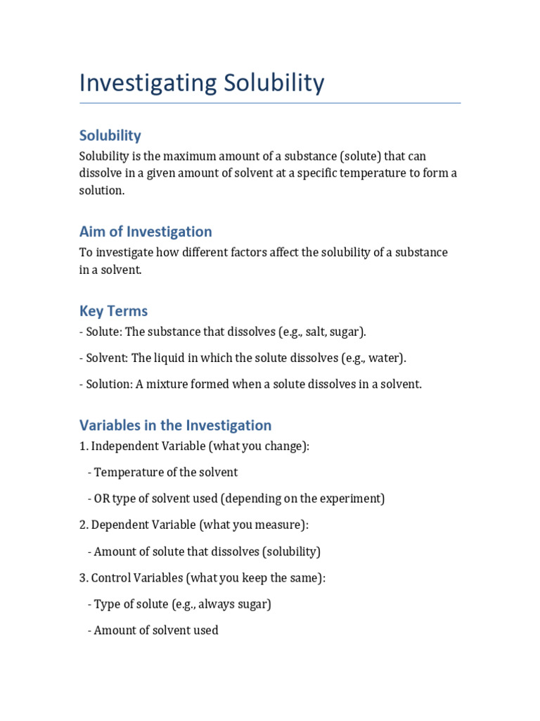 Investigating Solubility Grade 7 | PDF