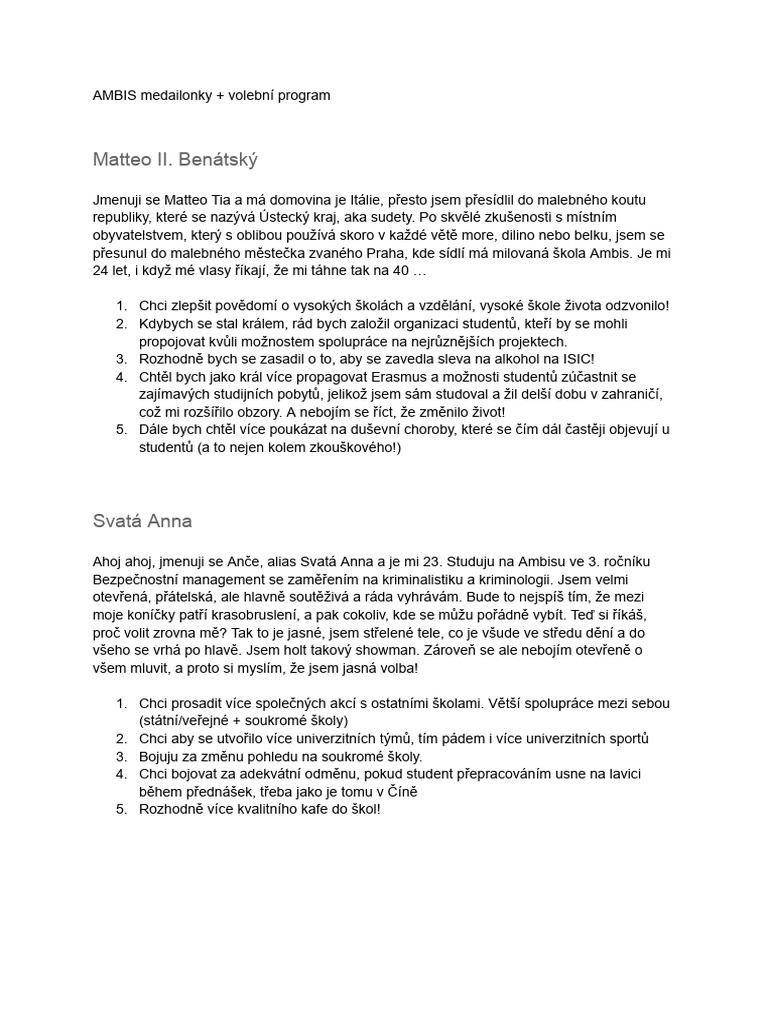 AMBIS Medailonky + Volební Program | PDF