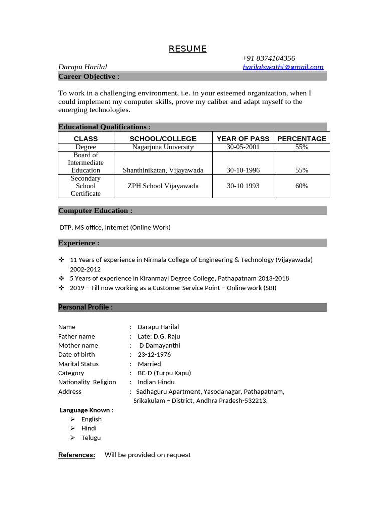 Resume of Darapu Harilal | PDF