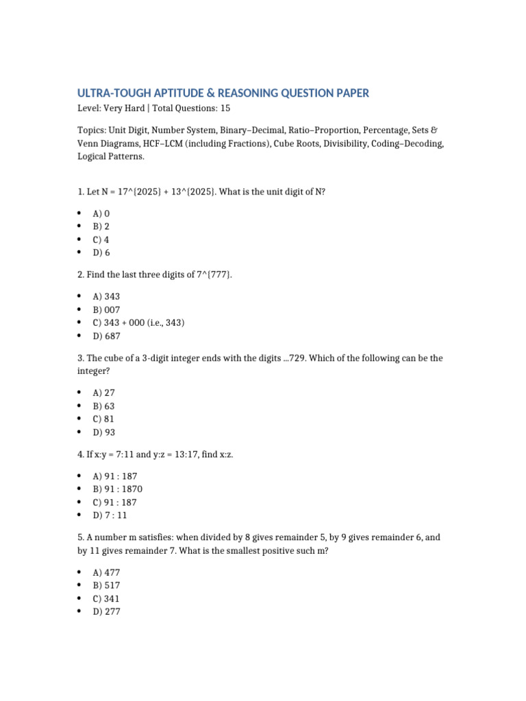 Ultra Tough Aptitude Questions | PDF | Numbers | Discrete Mathematics