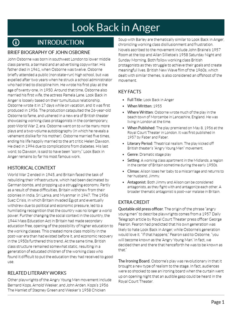 Look Back in Anger LitChart | PDF
