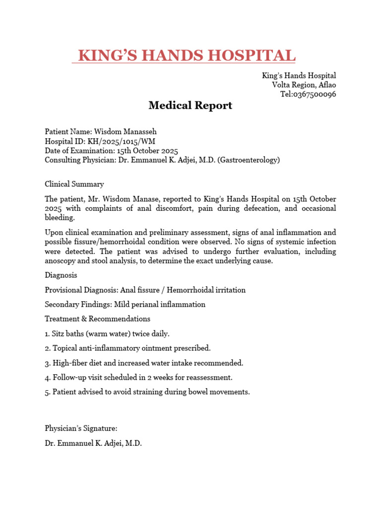 King’s Hands Hospital Medical Report | PDF