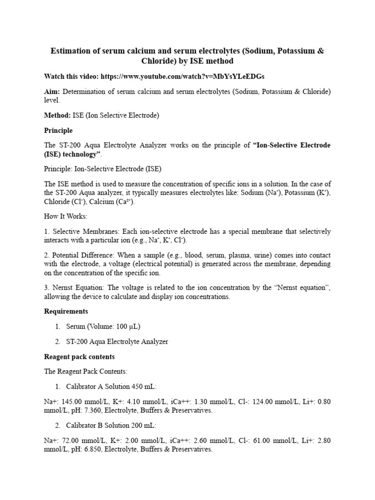 Serum Calcium and Electrolytes ISE Analysis | PDF | Blood Plasma ...