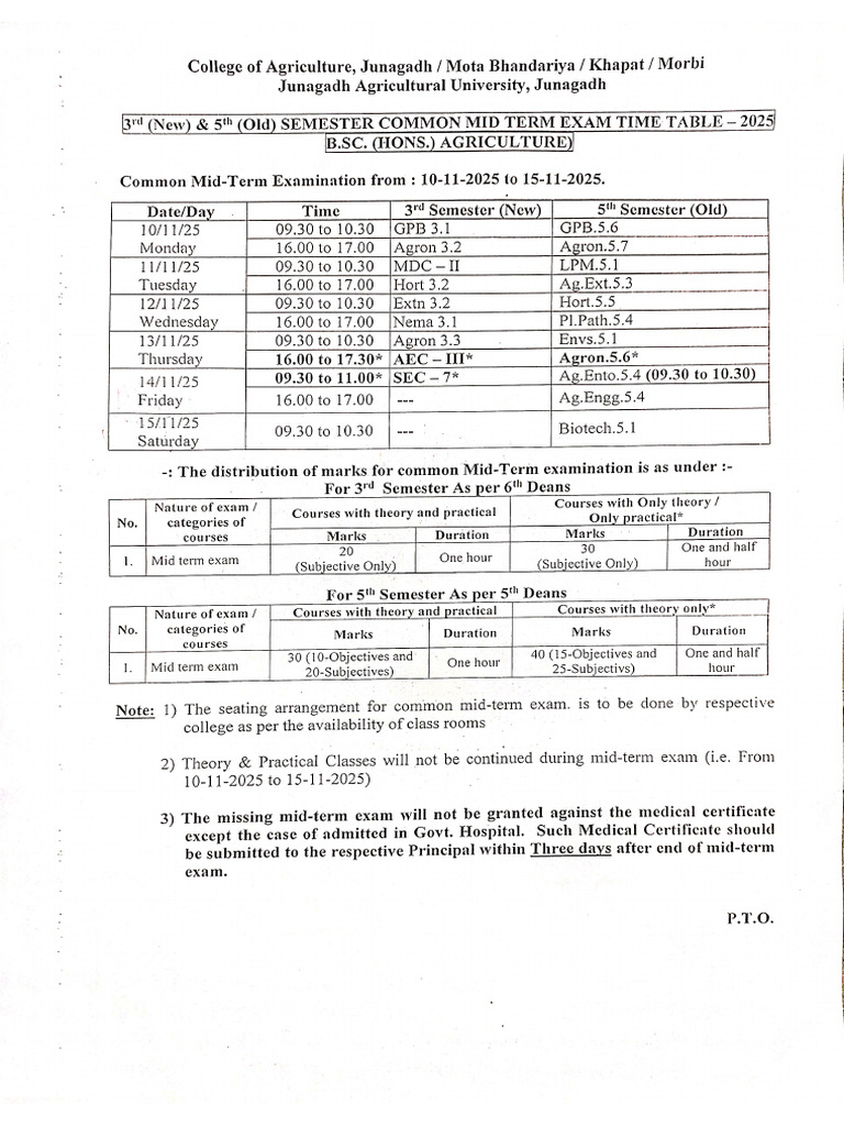 3rd New 5th Old Sem Mid Term Exam Time Table | PDF