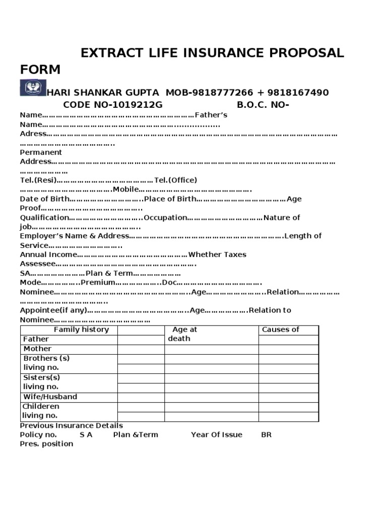Life Insurance Proposal Form Template | PDF | Finance & Money ...