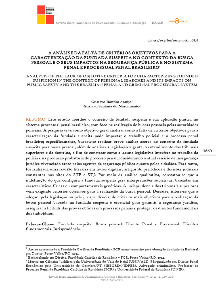 Fundada Suspeita e Busca Pessoal no Brasil | PDF | Habeas corpus ...