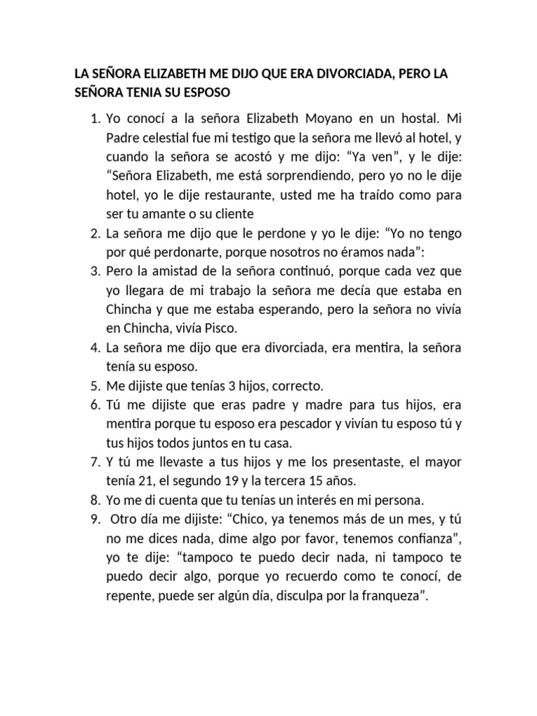 La Señora Elizabeth Me Dijo Que Era Divorciada | PDF