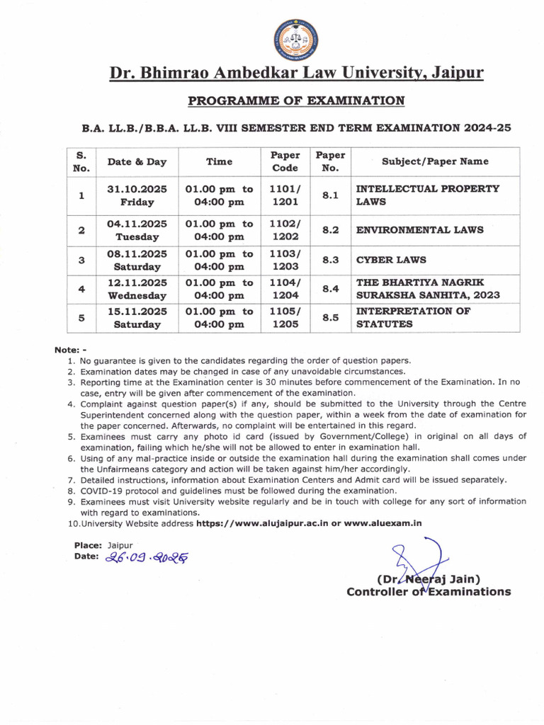 Ba & Bba Ll.b. Viii Semester Examination 2024-25 | PDF