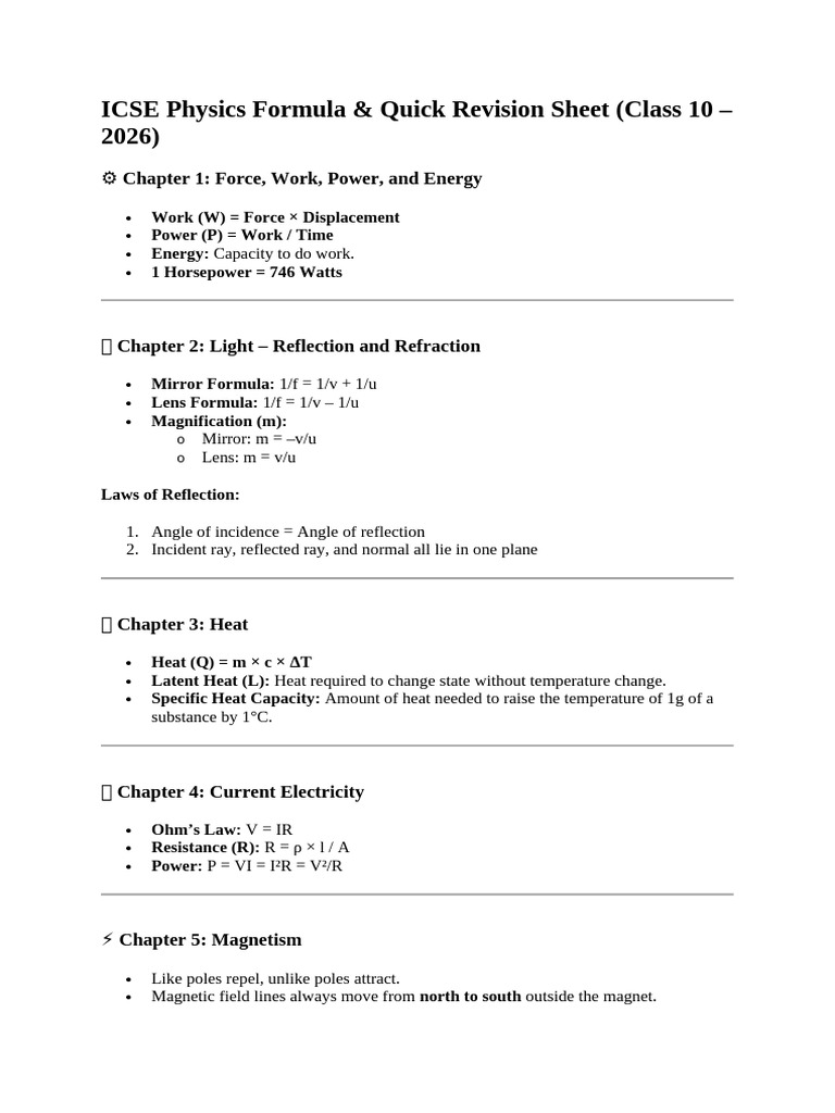 ICSE Class 10 Physics Formula Guide | PDF | Electric Current | Heat
