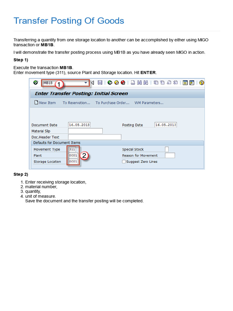 Transfer Posting Process Using MB1B | PDF