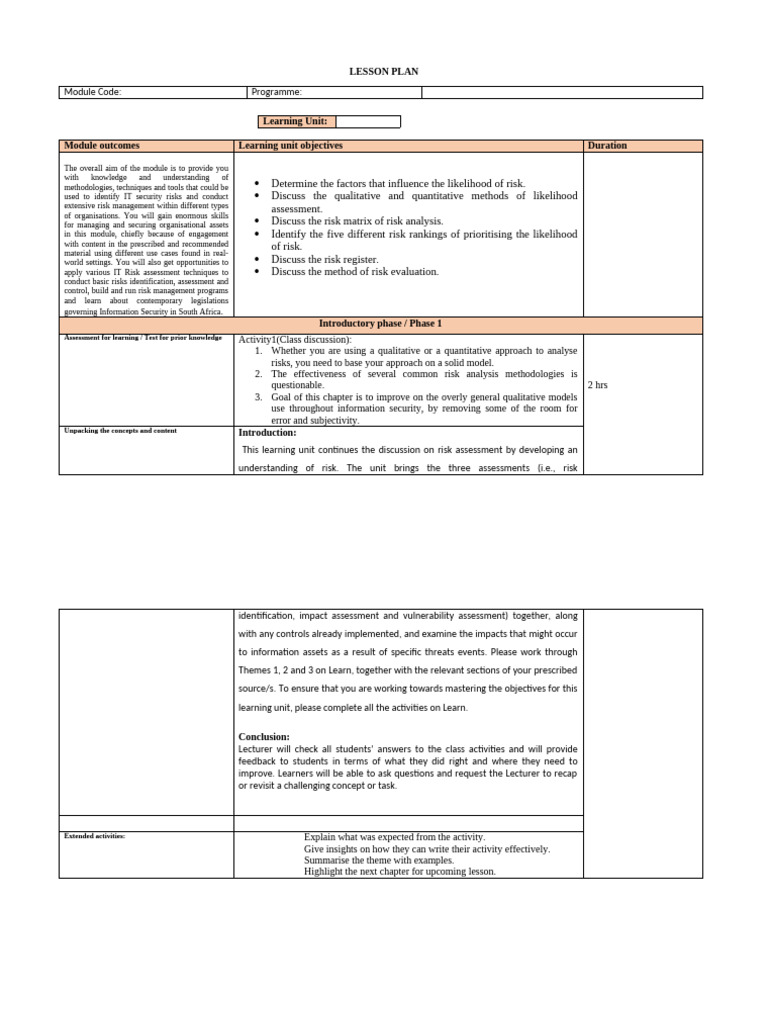 IT Security Risk Management Lesson Plan | PDF | Risk | Educational ...