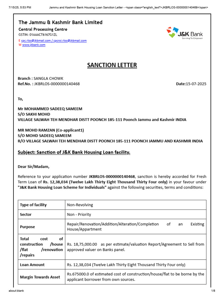 J&K Bank Housing Loan Sanction Letter | PDF | Loans | Mortgages