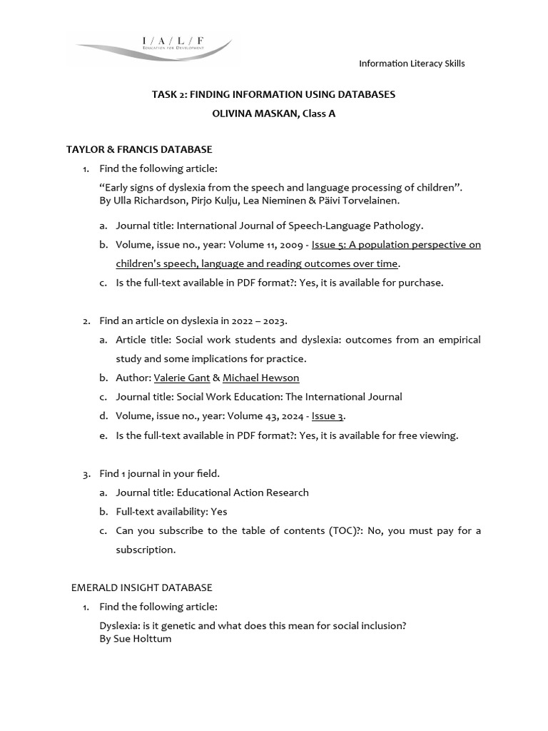 TASK 2 Subscribed Databases - Information Literacy | PDF | Learning ...