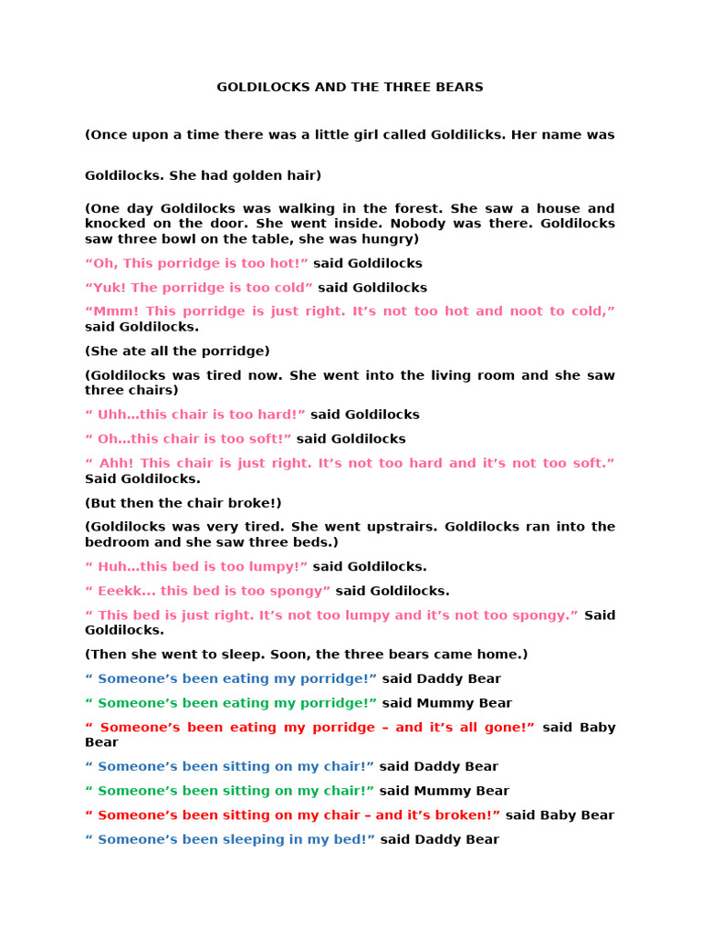 Goldilocks and the Three Bears Story | PDF