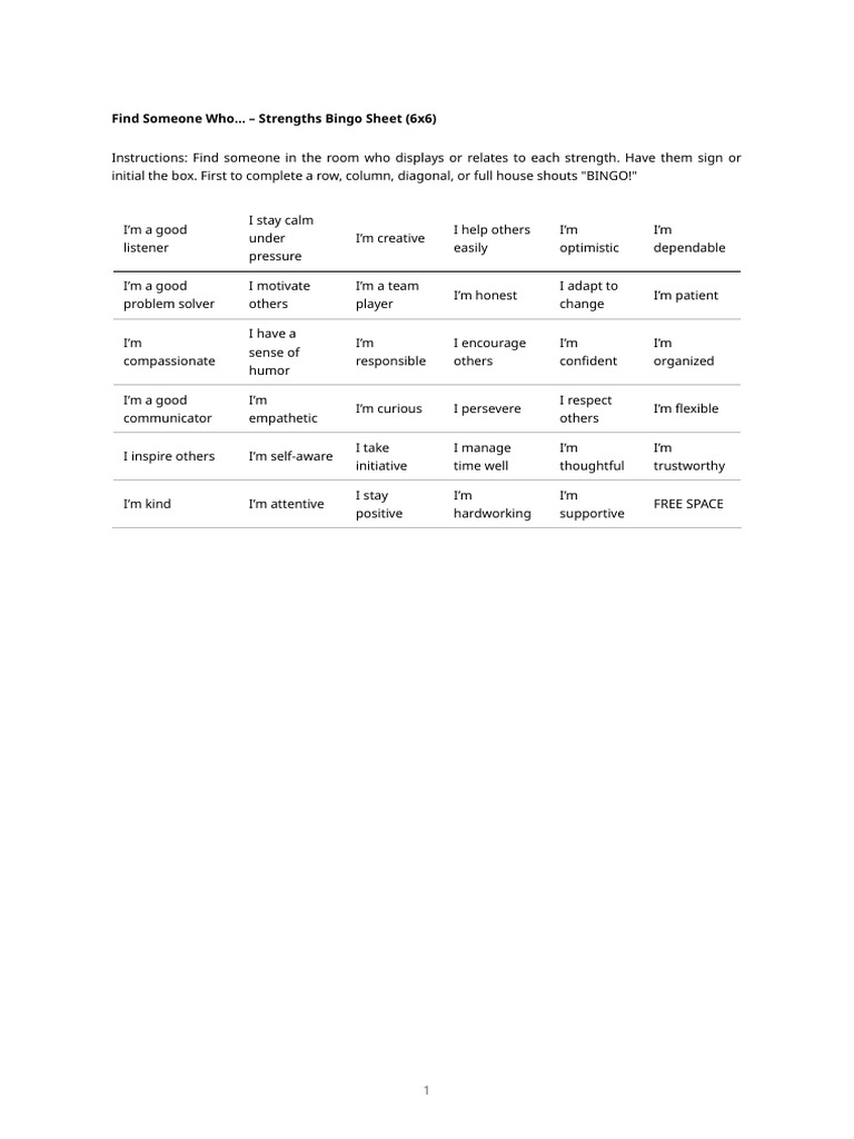 Strengths Bingo Sheet | PDF
