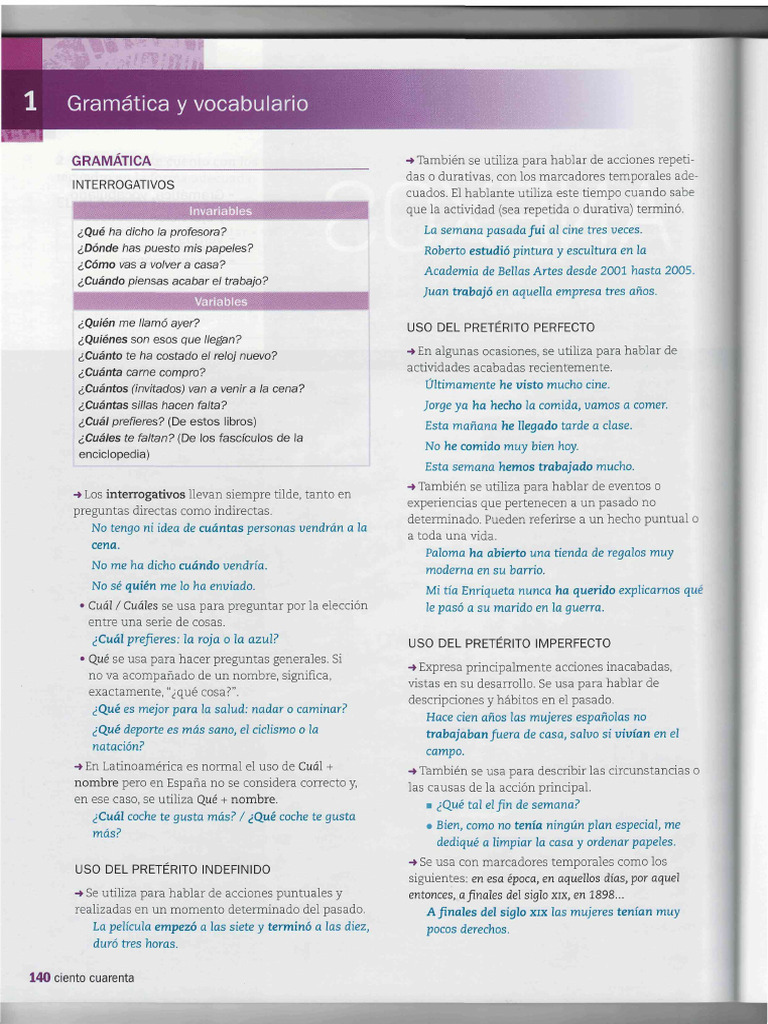 Interrogativos y tiempos verbales en español | PDF