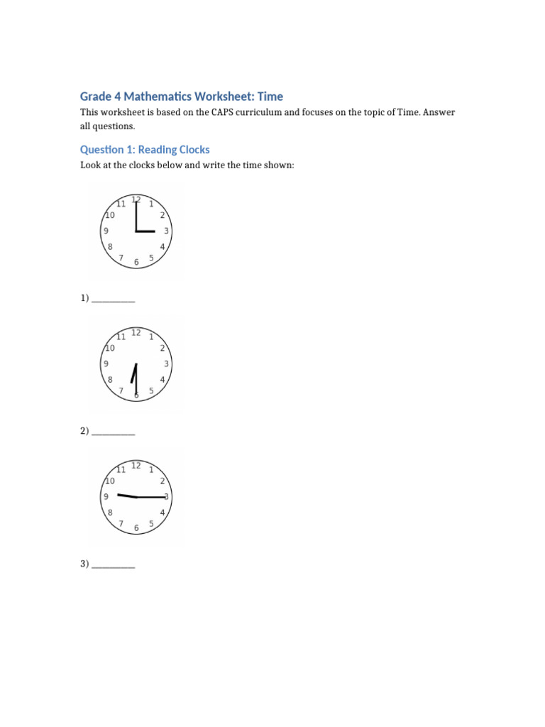 Grade4 Time Worksheet With Clocks | PDF