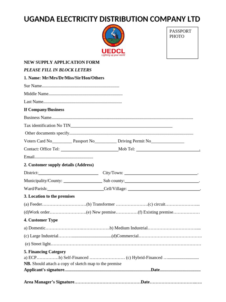 Uganda Electricity Supply Application Form | PDF