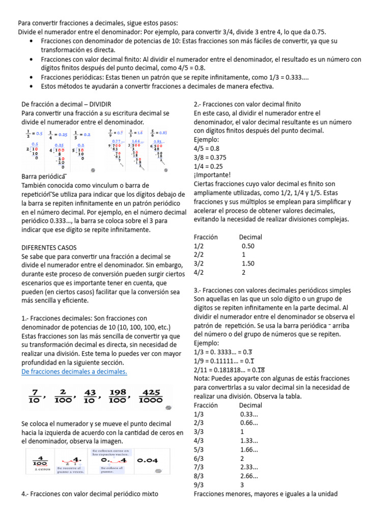 Transformación de fracciones a decimales | PDF | Decimal | Matemática ...