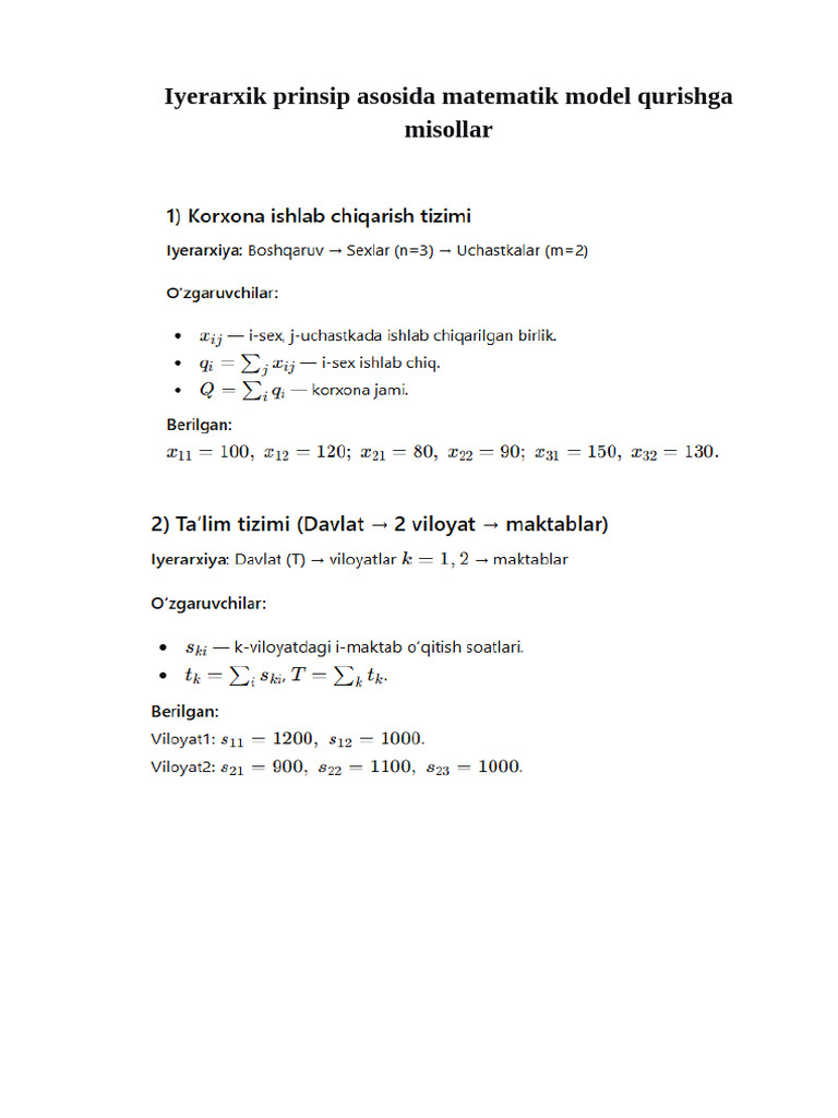 Iyerarxik Prinsip Asosida Matematik Model Qurishga Misollar | PDF